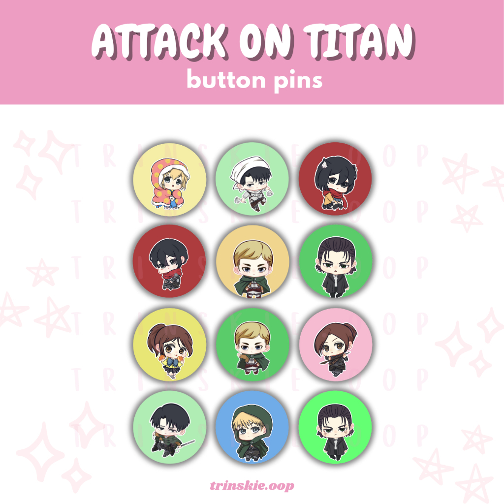 ATTACK ON TITAN button pins | trinskie.oop (levi, eren, mikasa, armin ...