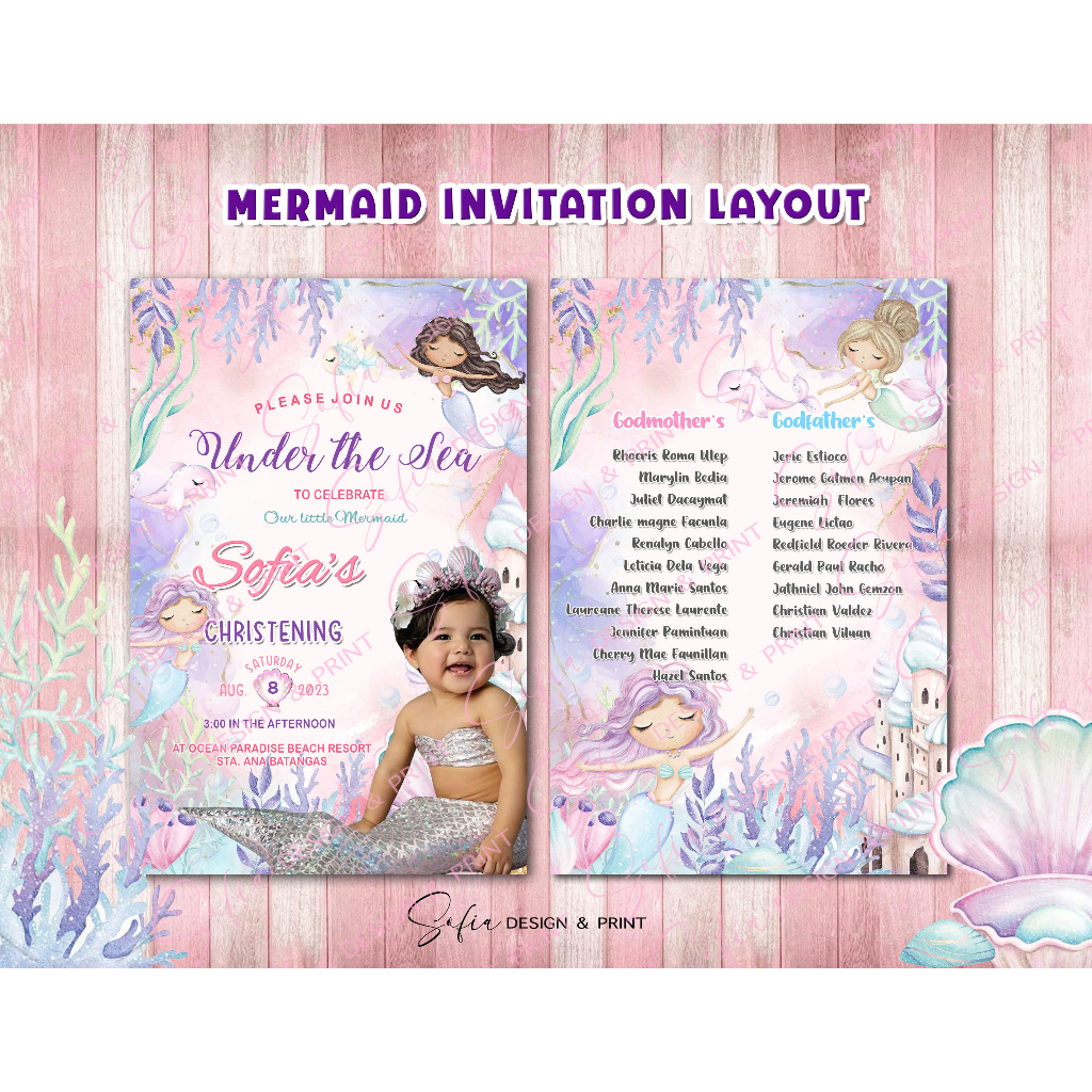 Mermaid Invitation Card and envelope Birthday/Christening | Shopee ...