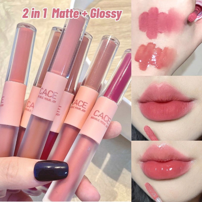 2 in 1 Double Head Matte Glossy Lipstick Silk Velvet Lip Set Waterproof ...