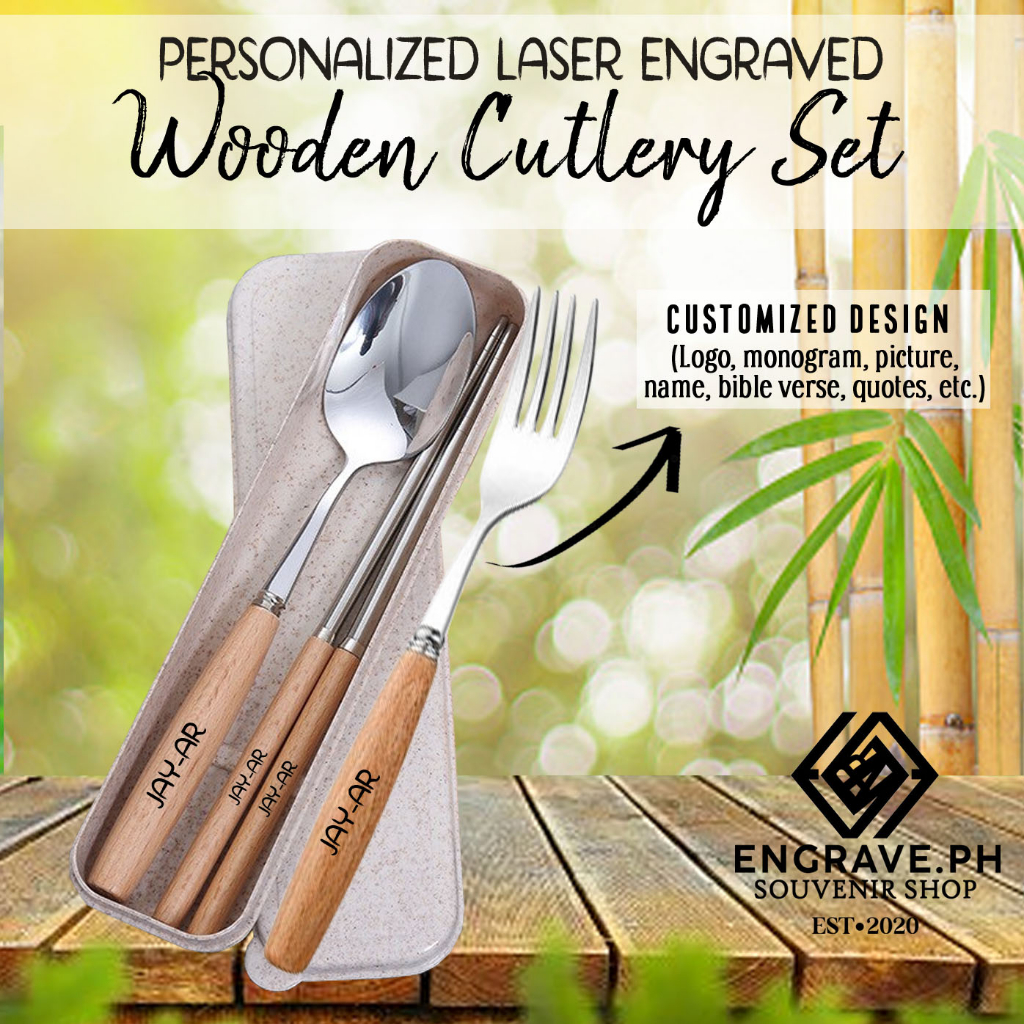Personalized Bamboo/Stainless Cutlery Set | Laser Engraved | Gift ...