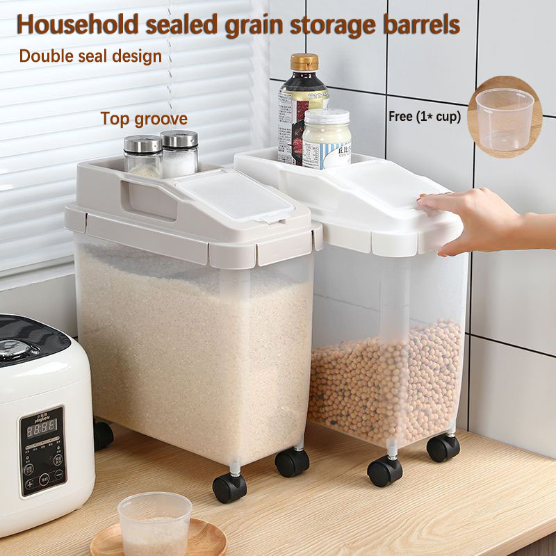 Double sealed rice storage barrel insect and moisture proof household ...