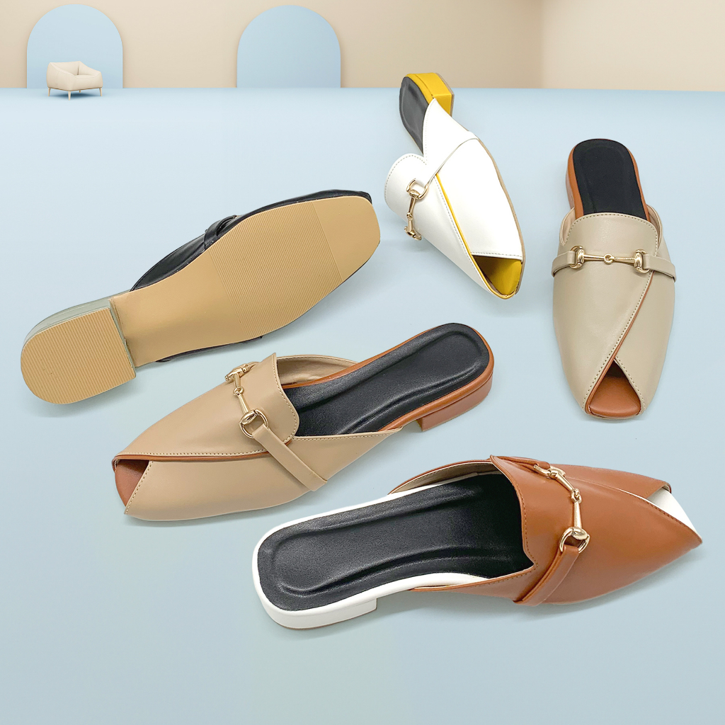 R&A298 1-Inch Peep-Toe Semi-Pointed Heeled Mules w/ Gold Metal Buckles ...