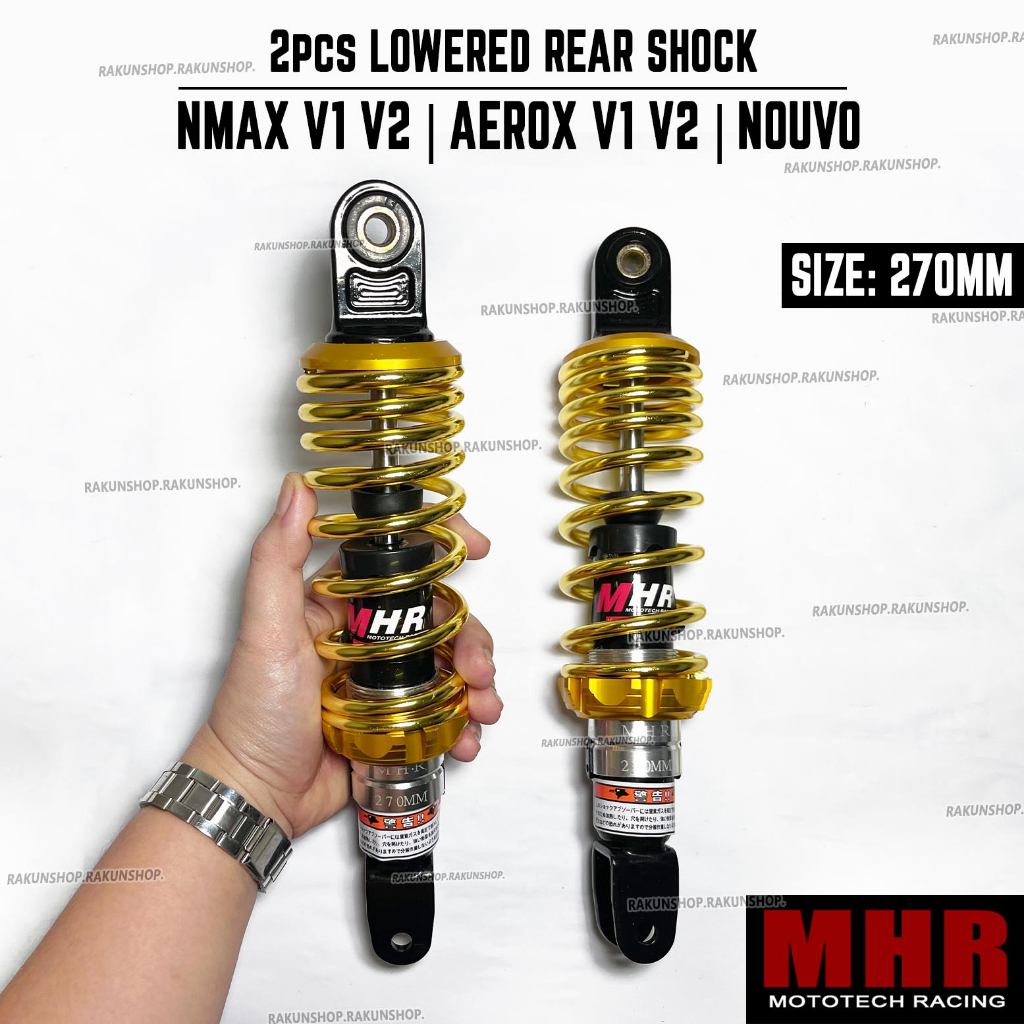 Aerox V1 V2 Nmax V1 V2 Nouvo MHR RICH GOLD 2 pcs Set Rear Shock 270mm Lowered Style PLug and ...