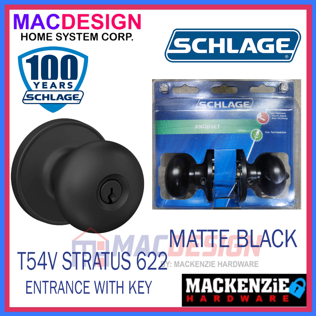 SCHLAGE T54V STRATUS 622 MATTE BLACK KNOB SET ENTRANCE LOCK WITH KEY ...