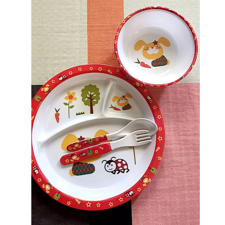 4Pcs Baby Cutlery Set Kids Plastic Plate with bowl, fork and spoon ...