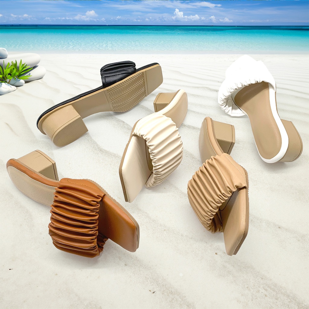 R&A899 1.5-Inch Square Toe with Pleated One Toe Strap in Beige Pre-Fab ...