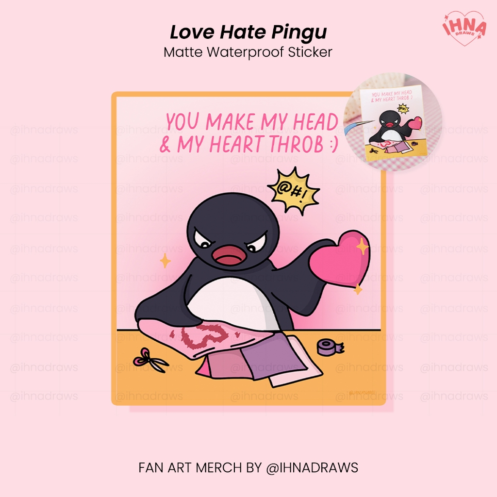 Love Hate Pingu Funny Meme Matte Sticker (Tags: aesthetic deco sticker ...