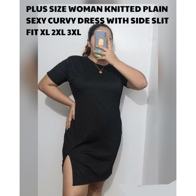 PLUS SIZE WOMAN KNITTED PLAIN SEXY CURVY DRESS WITH SIDE SLIT - TSHIRT ...