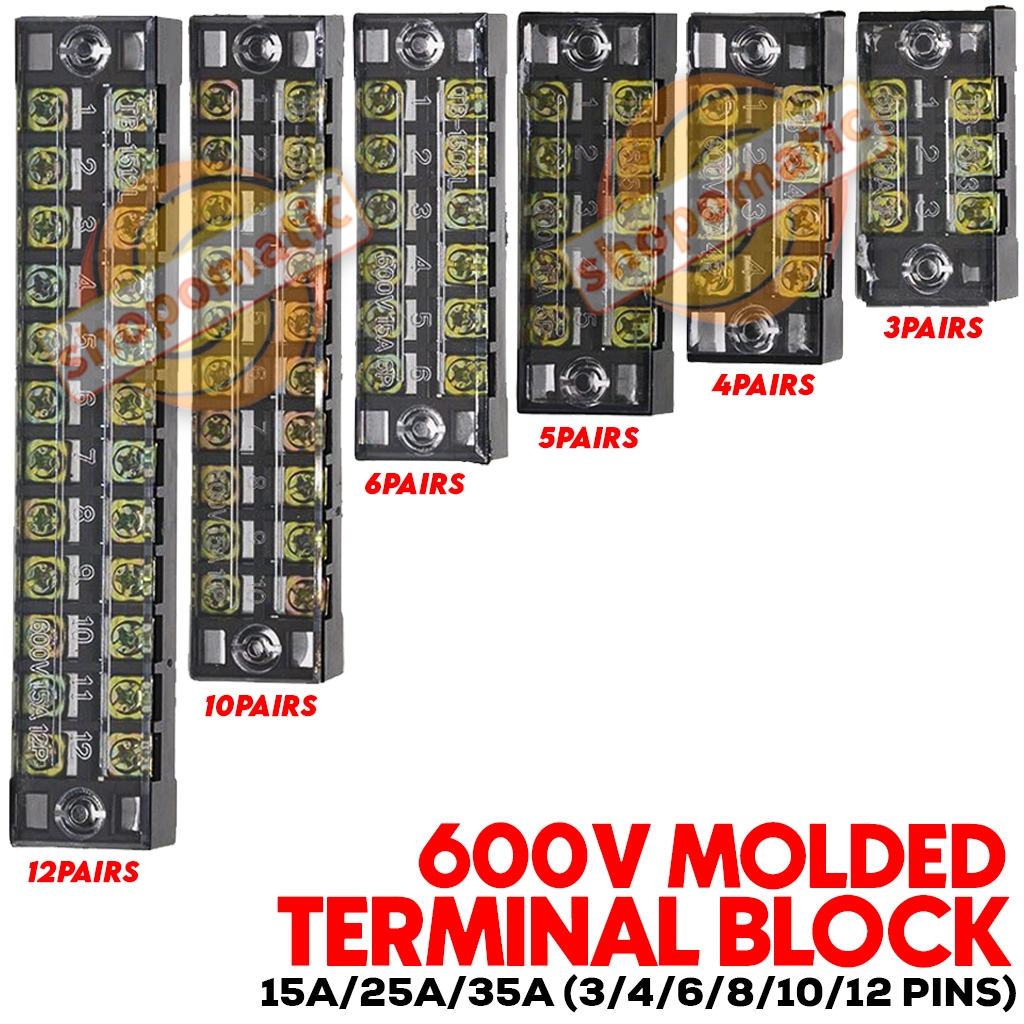 SHOPO Heavy-Duty Terminal Block 15A / 25A / 35A 600V – 3 to 12 Pin for ...