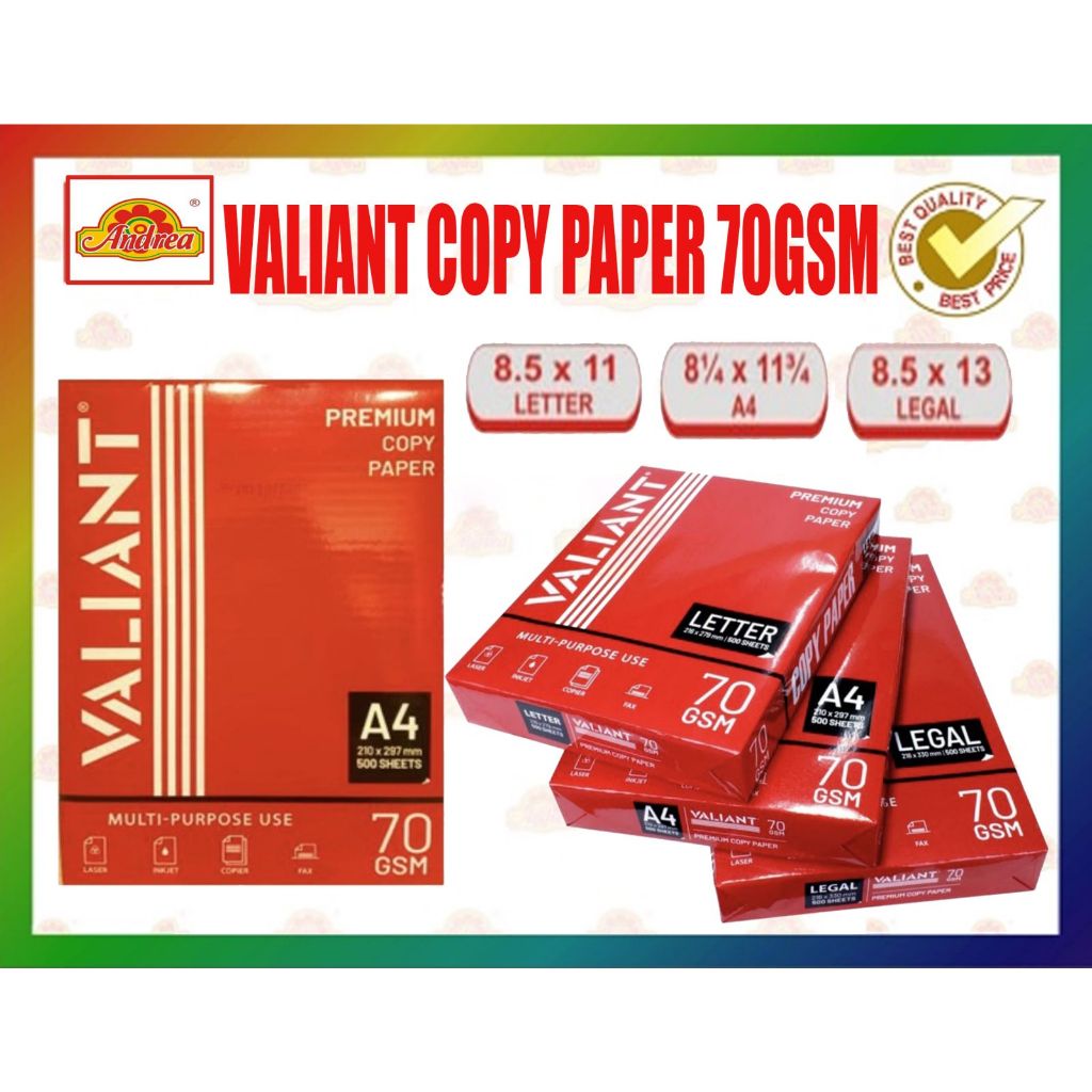 Valiant Premium Copy Paper Multipurpose Use 70gsm | Andrea | Shopee ...