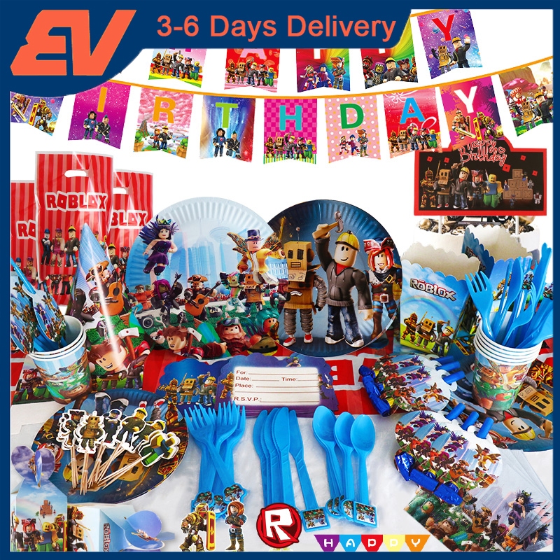 Roblox Theme Party Supplies HBD Banner Tablecloth Paper Hats Balloon ...