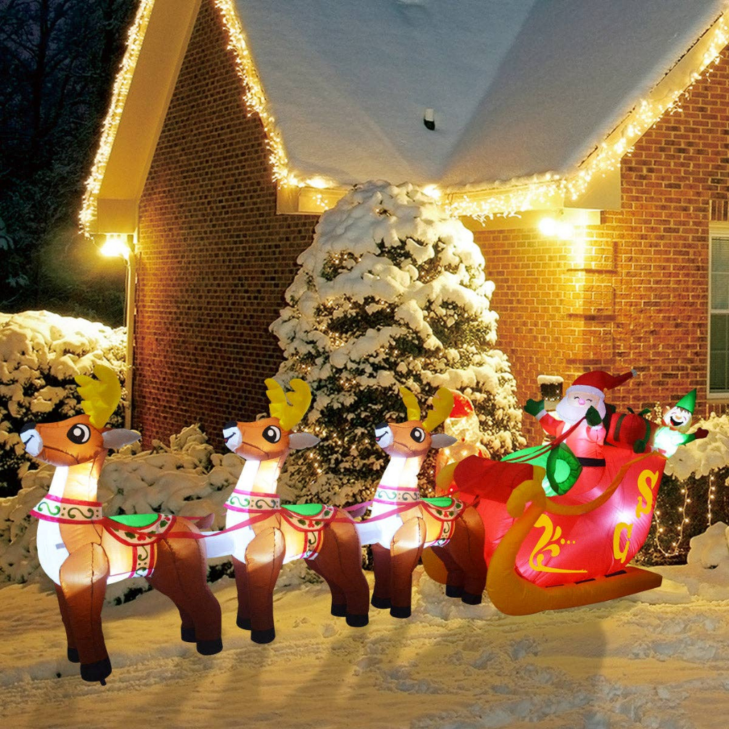 12FT. Length Christmas Inflatable Santa Sit with 3 Reindeer Pulling ...