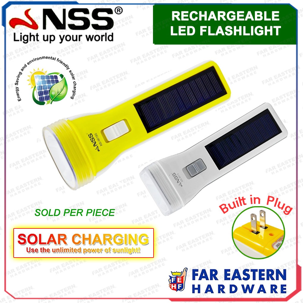 NSS Rechargeable LED Flashlight w/ Solar Panel Charging & Plug | Torch ...
