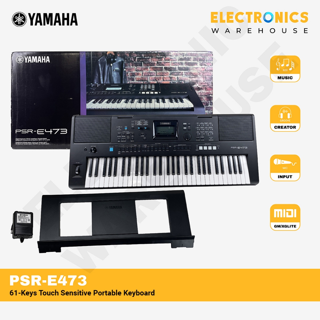 Yamaha PSR-E473 61-key Touch-Sensitive Portable Keyboard with X-type Folding Rack Metal Stand ...