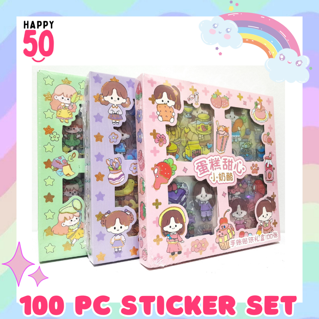 100 pcs Kawaii Sticker Set San Rio Cute Designs Handbook Sticker in Box ...