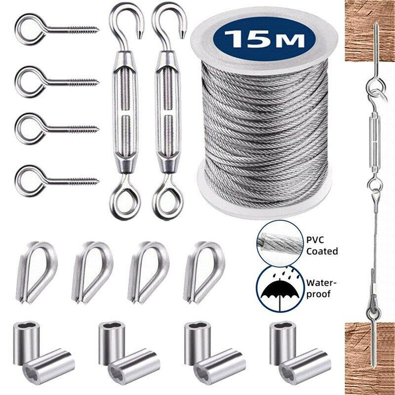 Shopata 1 Set Wire Rope Cable Hooks Hanging Kit Flexible PVC Coated Stainless Steel Clothesline ...