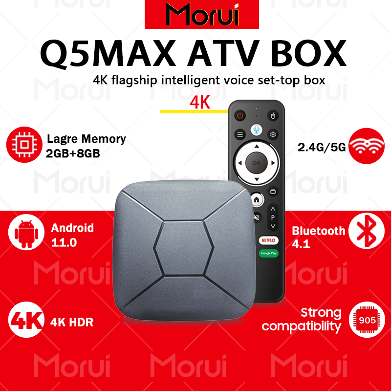 MORUI Q5 MAX 4K HD 2+8GB Android Smart TV Box 905 Quad Core BT Voice ...