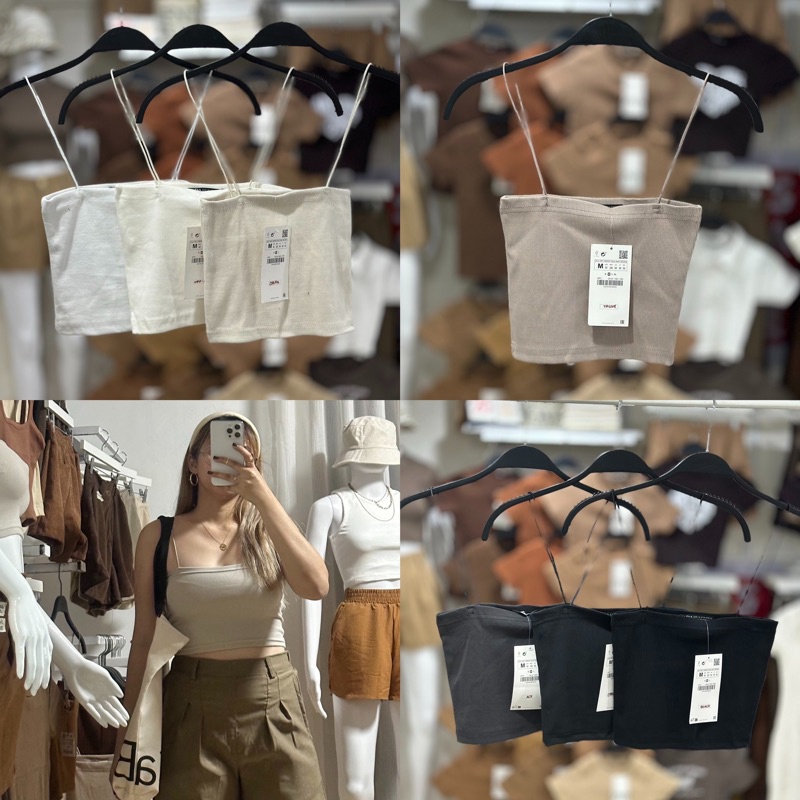 Zara string tube strappy crop top trendy bandeau ribbed spaghetti strap ...