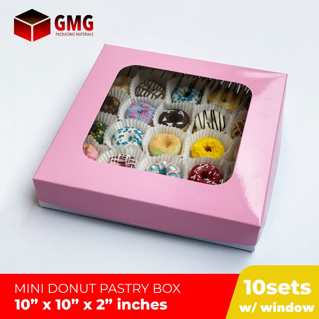 Mini Donut Pastry Box w/Window PINK 10 x 10 x 2 inches Cover and Box ...