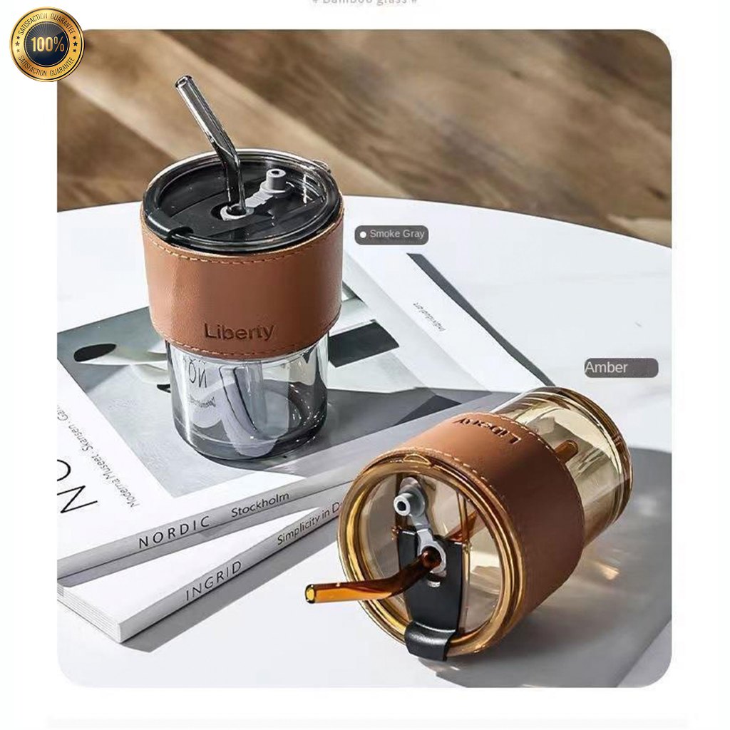 High Value Bamboo Cup Leather Case Glass Water Cup Portable Coffee Cup With Lid Glass Straw Cup