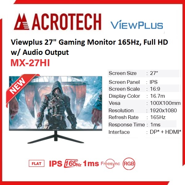 Viewplus MX-27HI 27" 165Hz Gaming Monitor Full HD w/ Audio Output ...