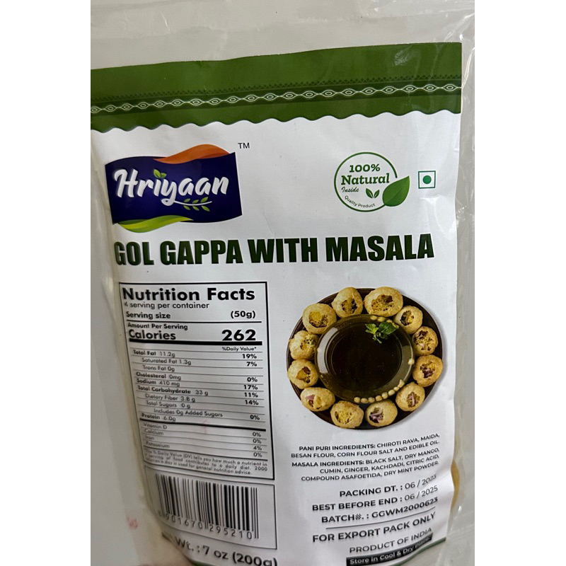 Hriyaan Gol Gappa with Masala - Pani Puri 200g Made in India | Shopee ...