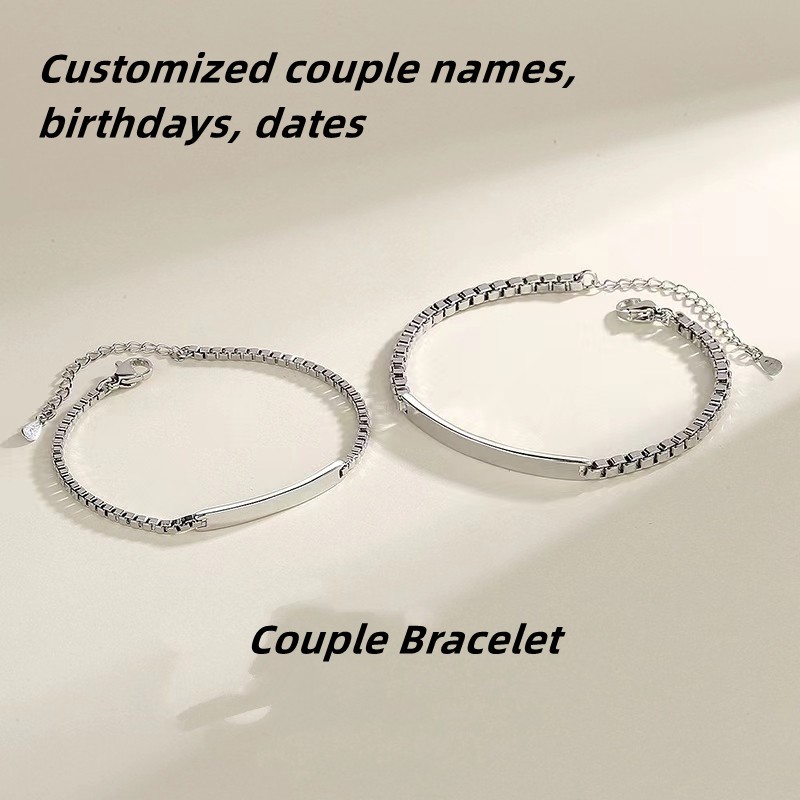 2PCS Custom Engraved Couple Bracelet Stainless Steel Chain Nameplate ...