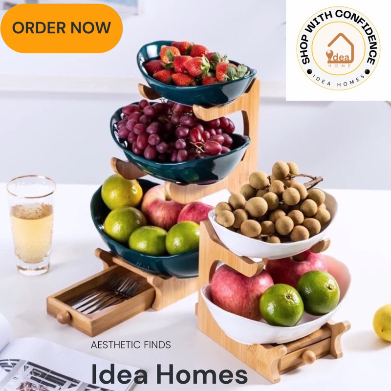IDEA HOMES 2/3 Tier Fruit Plate Ceramic with Wood Stand | Shopee ...