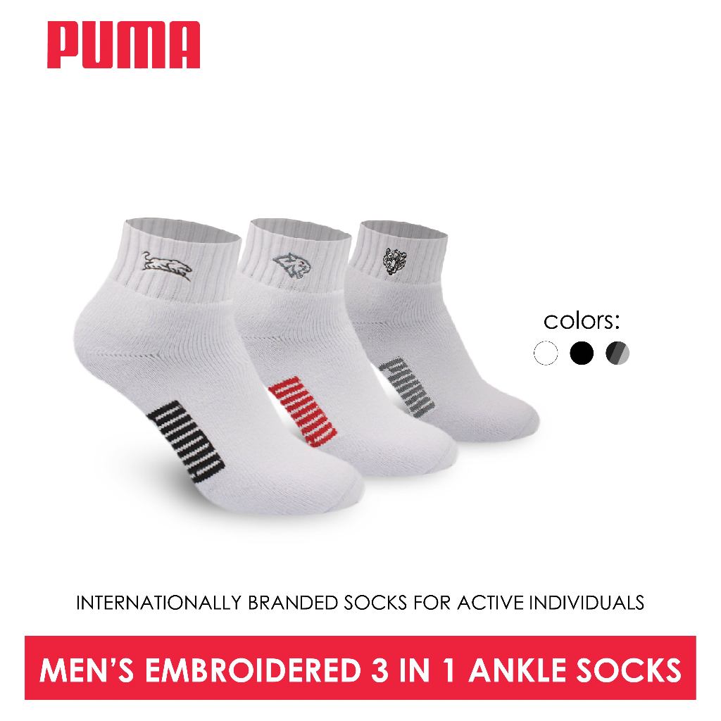 Puma Men’s Embroidered Thick Sports Ankle Socks 3 pairs in a pack ...