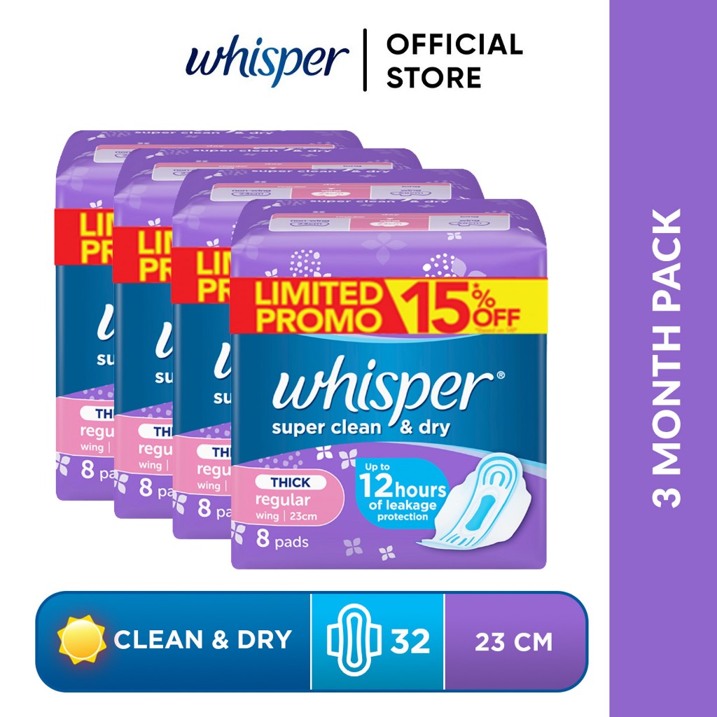 Whisper Super Clean & Dry Napkin [Regular Flow] Wings 32 pads | Shopee ...