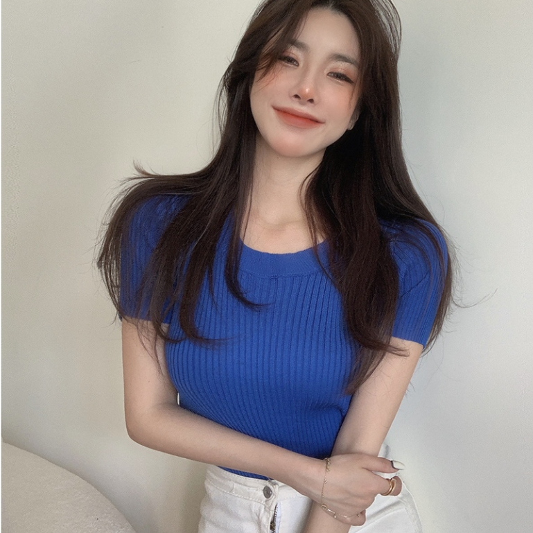AAA Korean Fashion Basic Knitted Blouse Top Round Neck Short Sleeve ...