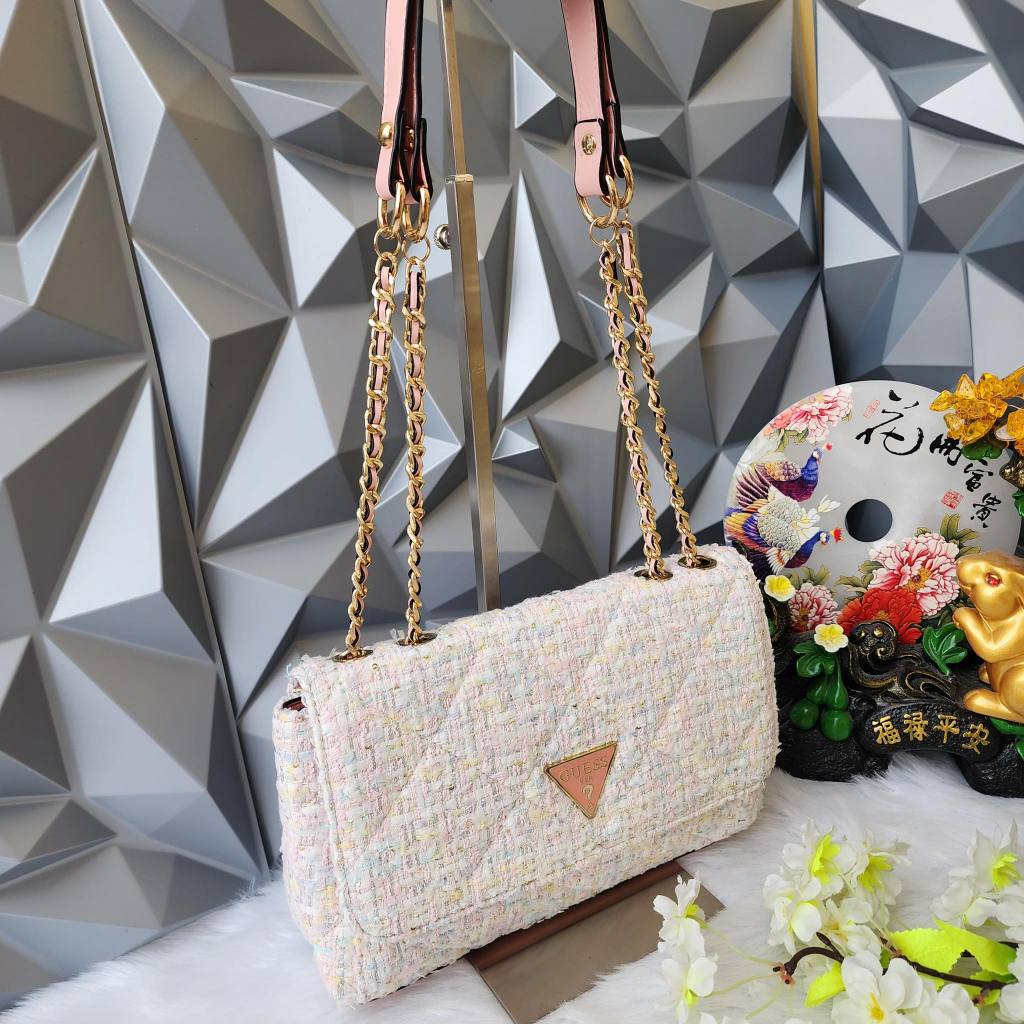 Guess Cessily Tweed Convertible Shoulder Bag in Pink Canvas Wool Blend ...