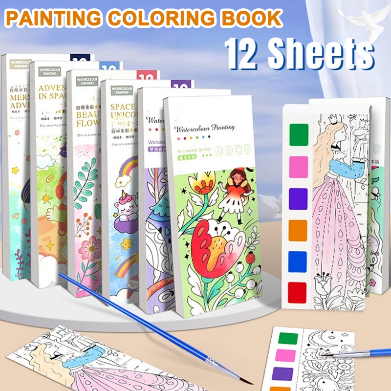 12 Sheets Coloring Book Set with Paintbrush Kids Art Leaning Education ...