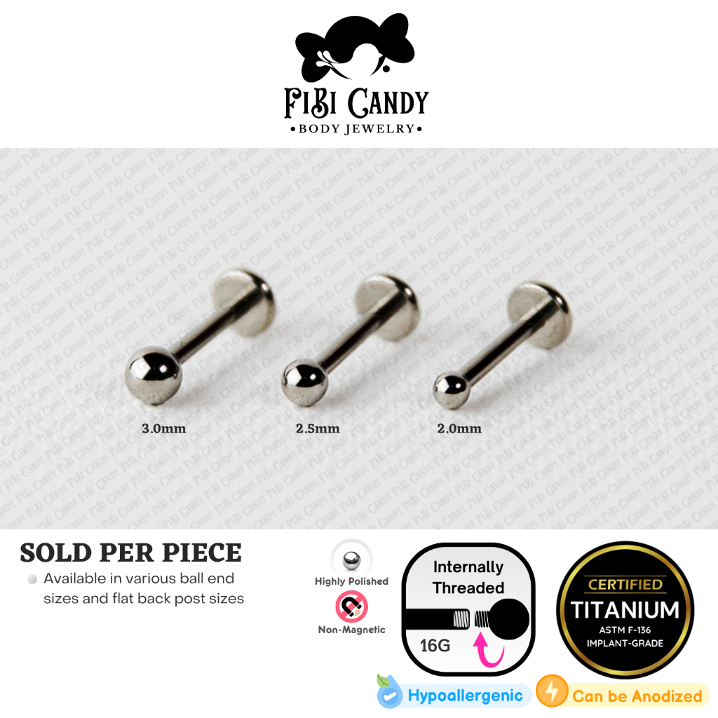 FiBiCandy Fibi BITL001 16G Astm F136 Titanium Earring Basic Ball Internally Threaded Labret ...