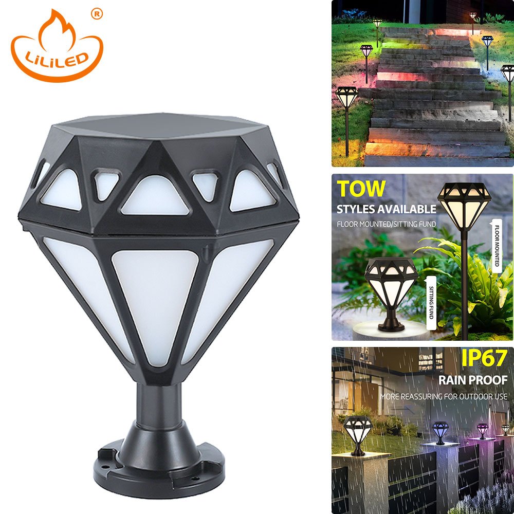 LiLi LED Solar Garden Lamp 10W colorful Gems Post Light Tri-colors RGB ...
