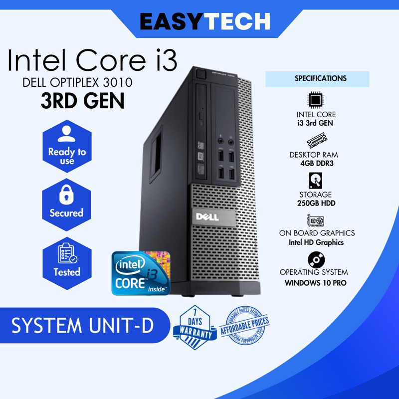EASYTECH | CPU-C04 Intel Core i3 3rd Gen 4GB RAM DDR3 250GB HDD Dell Optiplex 3010 (Refurbished ...