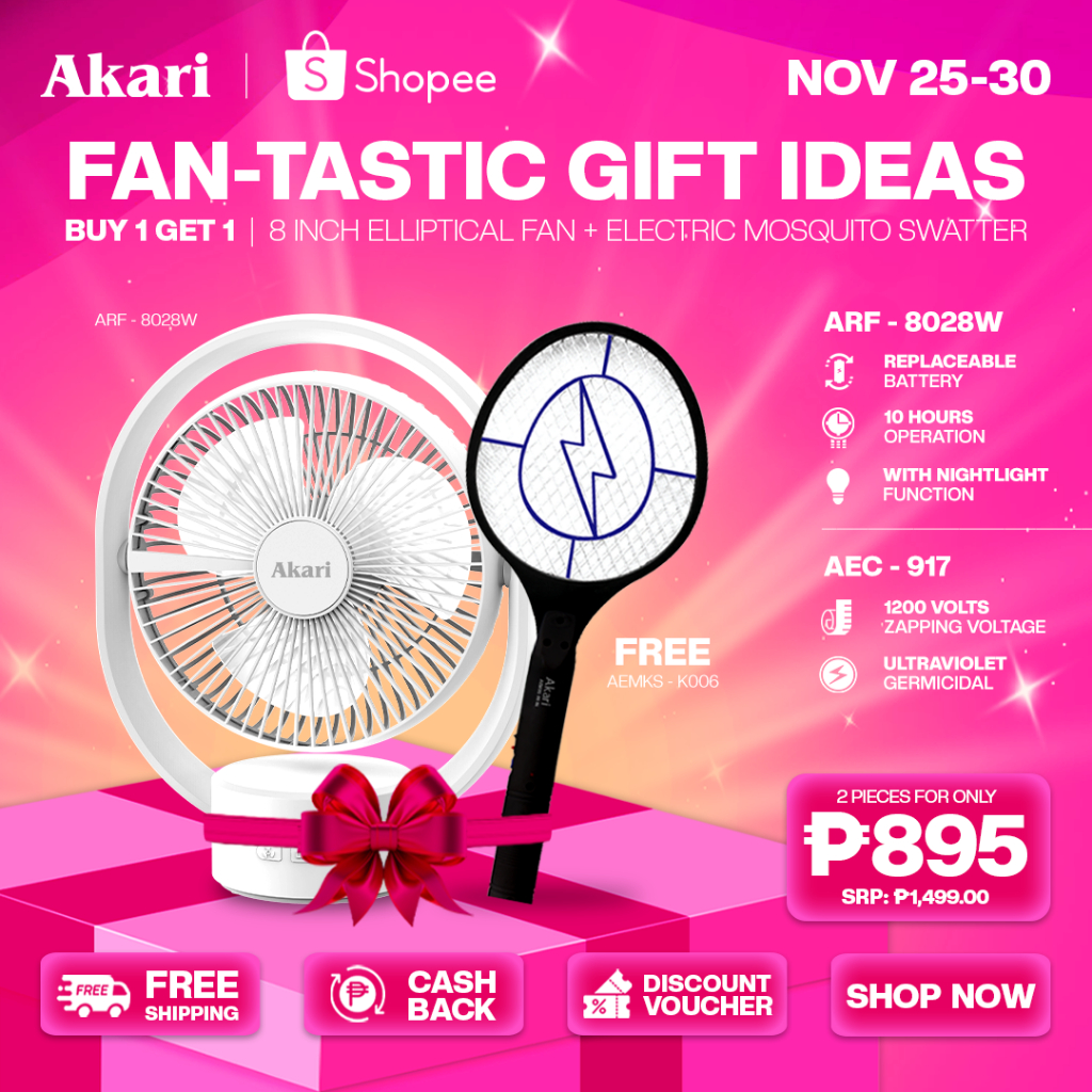 Akari 8" Rechargeable Elliptical Fan w/ LED Light - ARF-8028W + Akari 4 ...