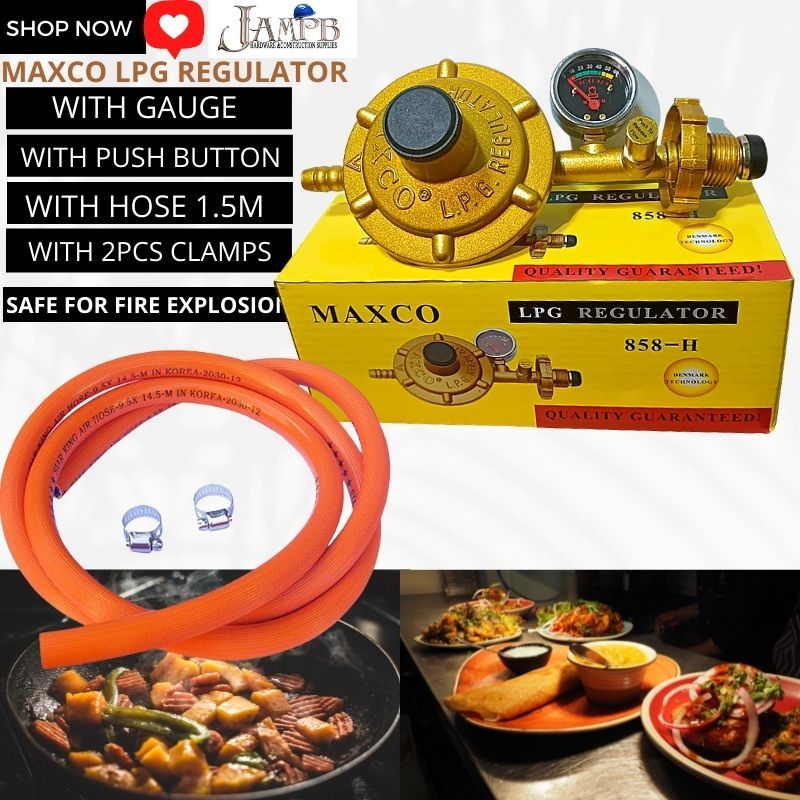 LPG Regulator With Gauge Push Button Anti-Explosion Free Hose & Clamps ...