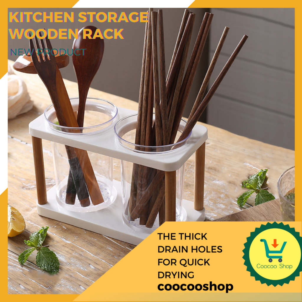 Kitchen Storage Rack Transparent Wooden Drainer Cup Cutlery Chopsticks ...