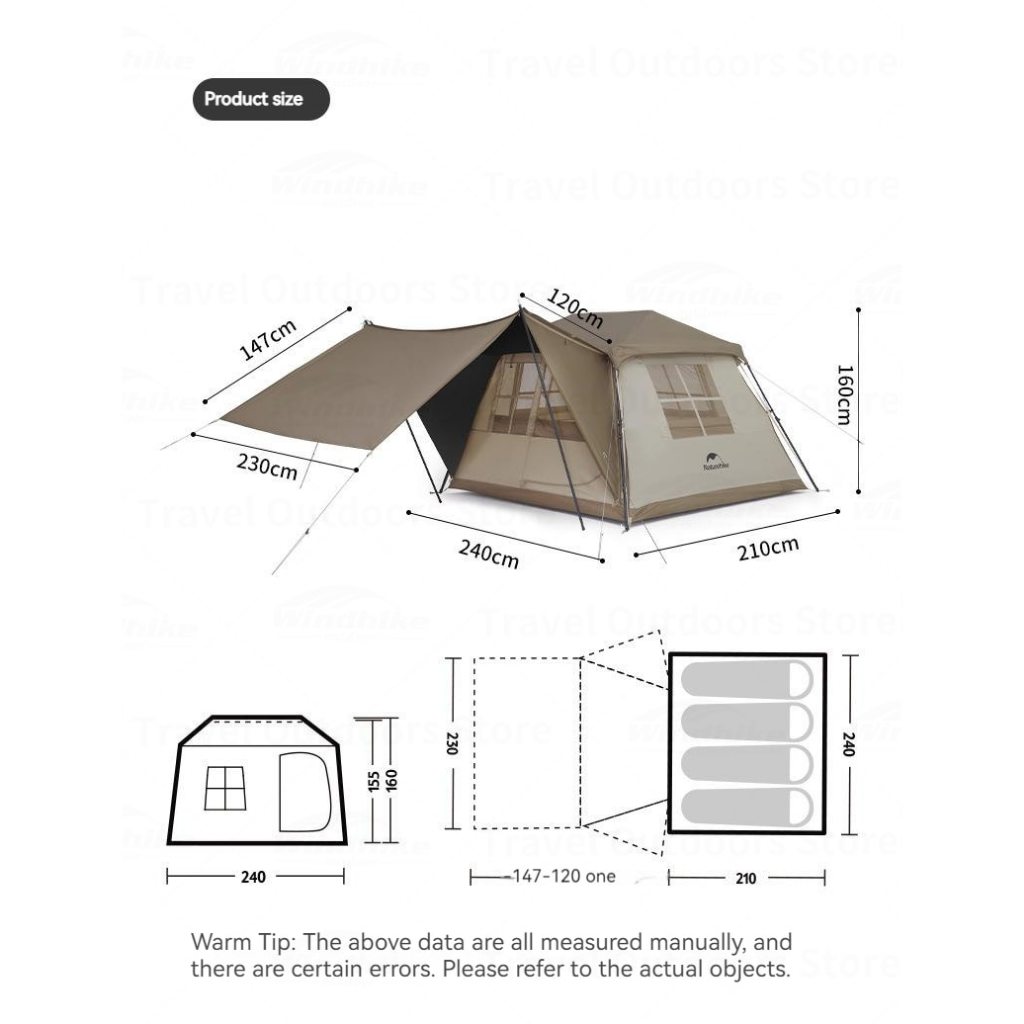 Naturehike VILLAGE Series 5.0 Gen 2 Fast Build Automatic Cabin Style Tent 5m² Space for 4 Person ...
