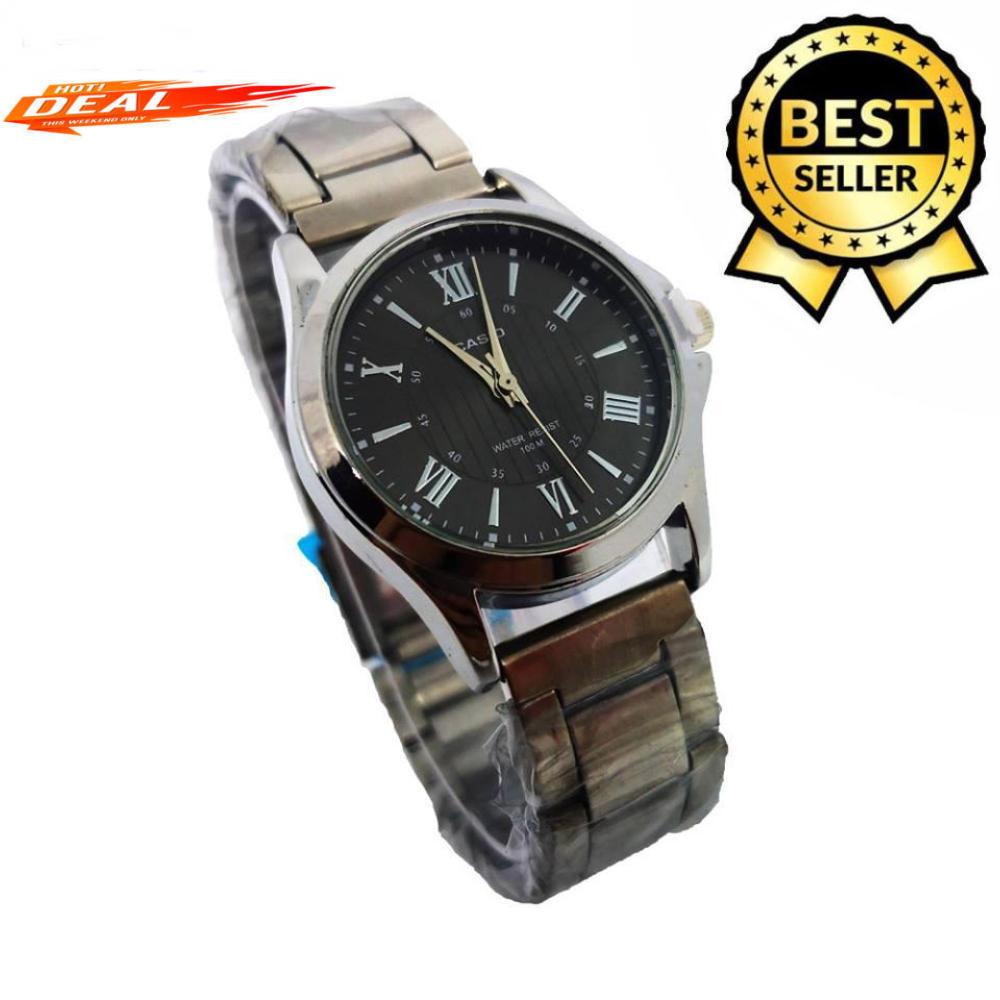 Casio Analog Quartz Roman Numeral Black Dial Stainless Steel Watch for ...