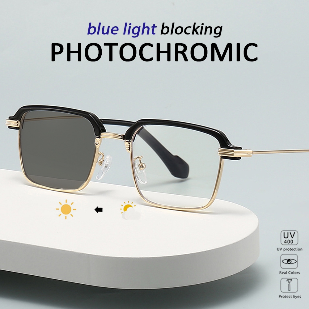 Photochromic Retro Square Frame Glasses Anti-blue Light Computer ...