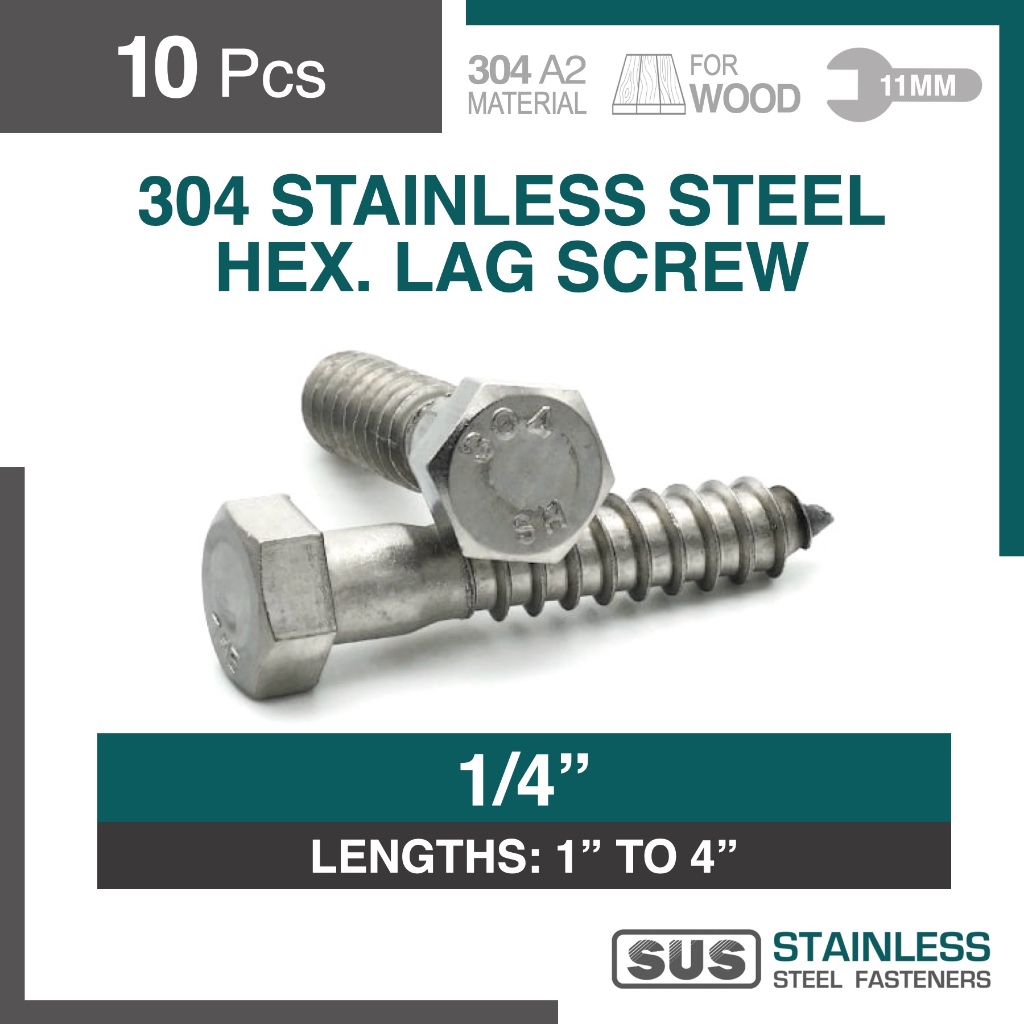 10pc SS304 Stainless Steel Hex Lag Screw / SS Lag Bolt / St. Coach ...