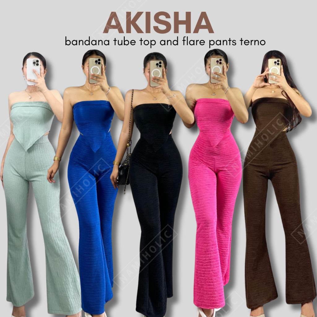Namiholic Akisha Bandana Tube Top and Flare Pants Terno I Bark Crepe ...