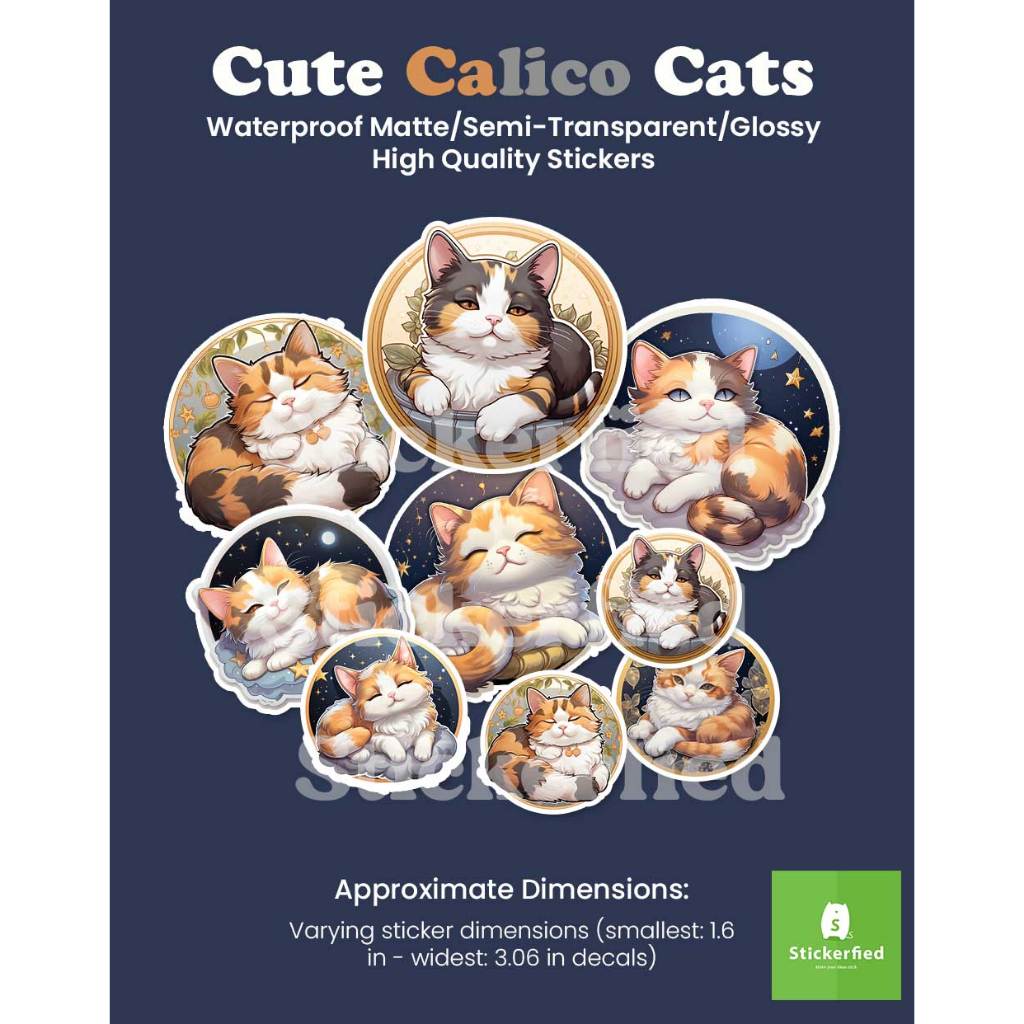 Cute Calico Cats (Set of 9) Waterproof Vinyl Stickers For Any Surface ...