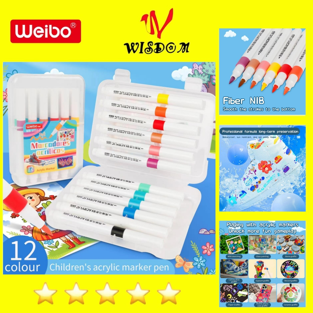 WISDOM WEIBO WB-1005-12 ACRYLIC MARKER PEN 12COLORS | Shopee Philippines