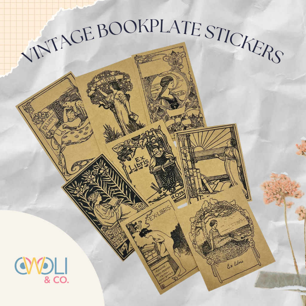 Vintage Style Bookplate Kraft Stickers - set of 8 assorted designs ...
