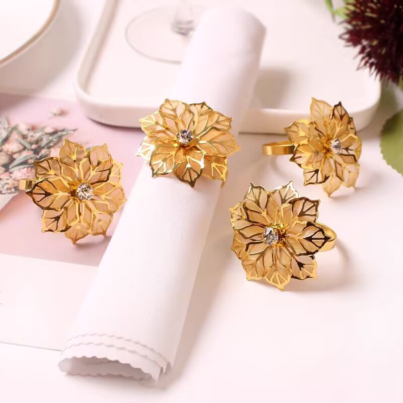 6/12pcs Bright Diamond Cutout Flower Napkin Ring Metal Napkin Clasp ...