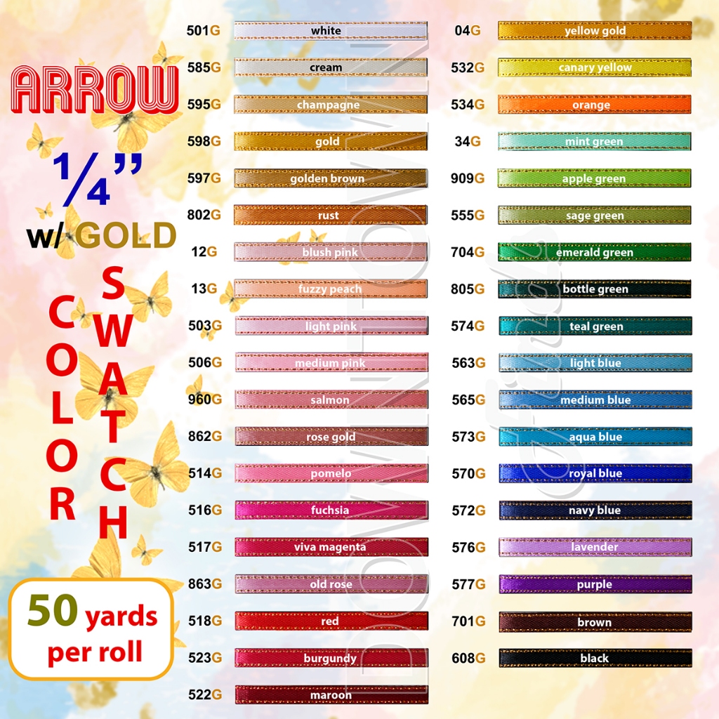 Satin Ribbon ARROW 1/4 inch with Gold Lining (50 yards/roll) decorative ...