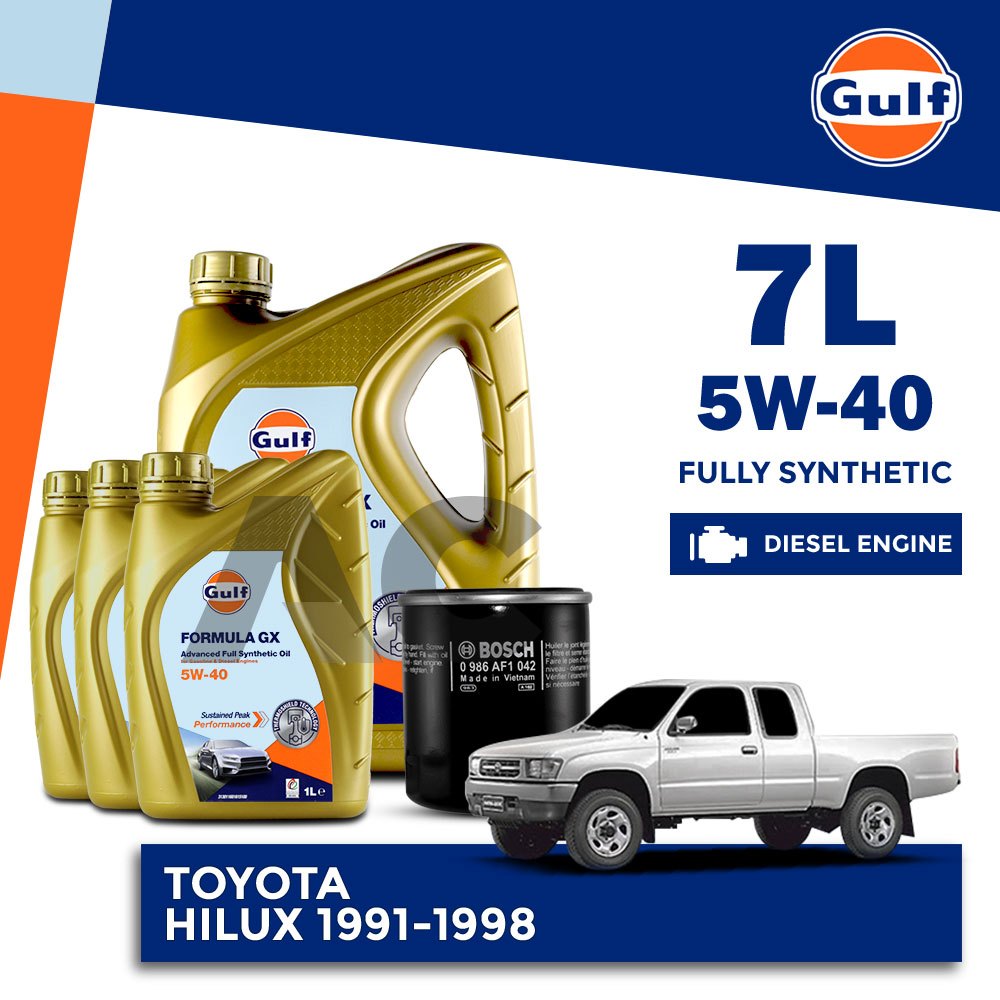 GULF CHANGE OIL BUNDLE FOR TOYOTA HILUX 1998-2004 5W-40 7L & BOSCH ...